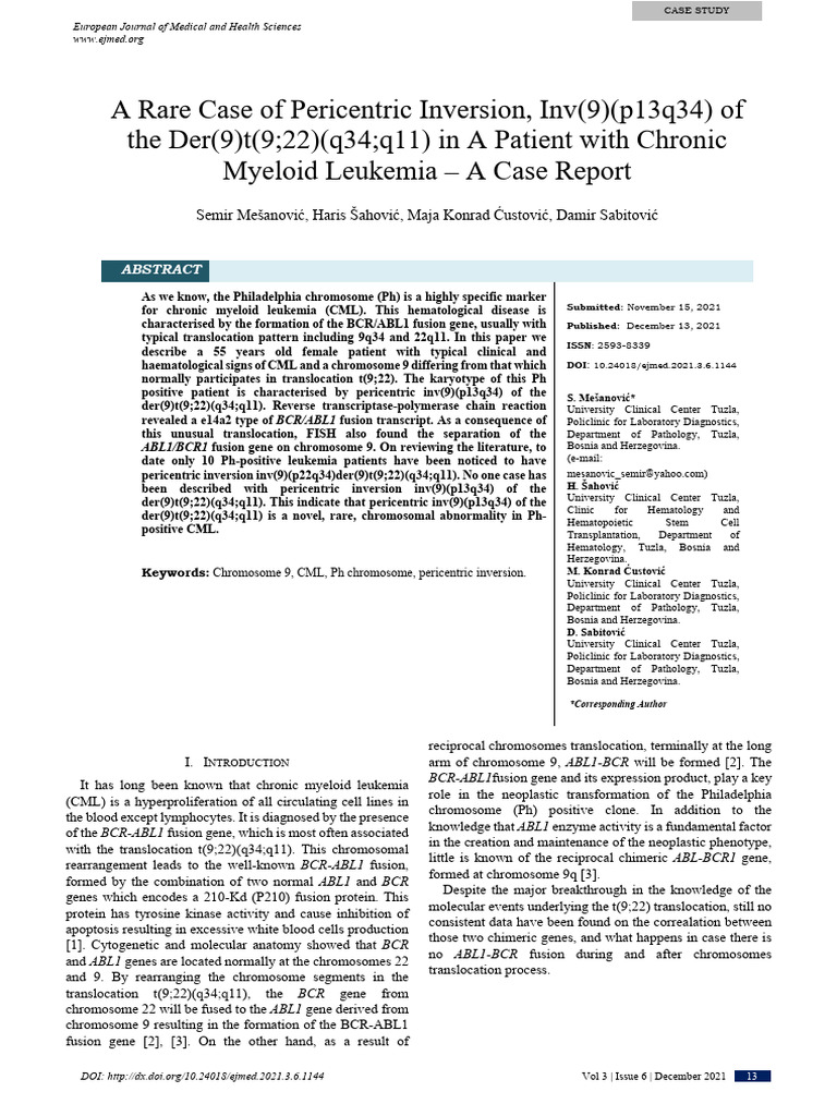 A Rare Case of Pericentric Inversion, Inv (9) (p13q34) of | PDF ...
