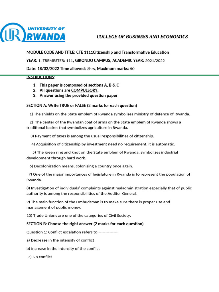 Citizeship Test, Gikondo 2021 | PDF | Rwanda | Presidents Of The United ...