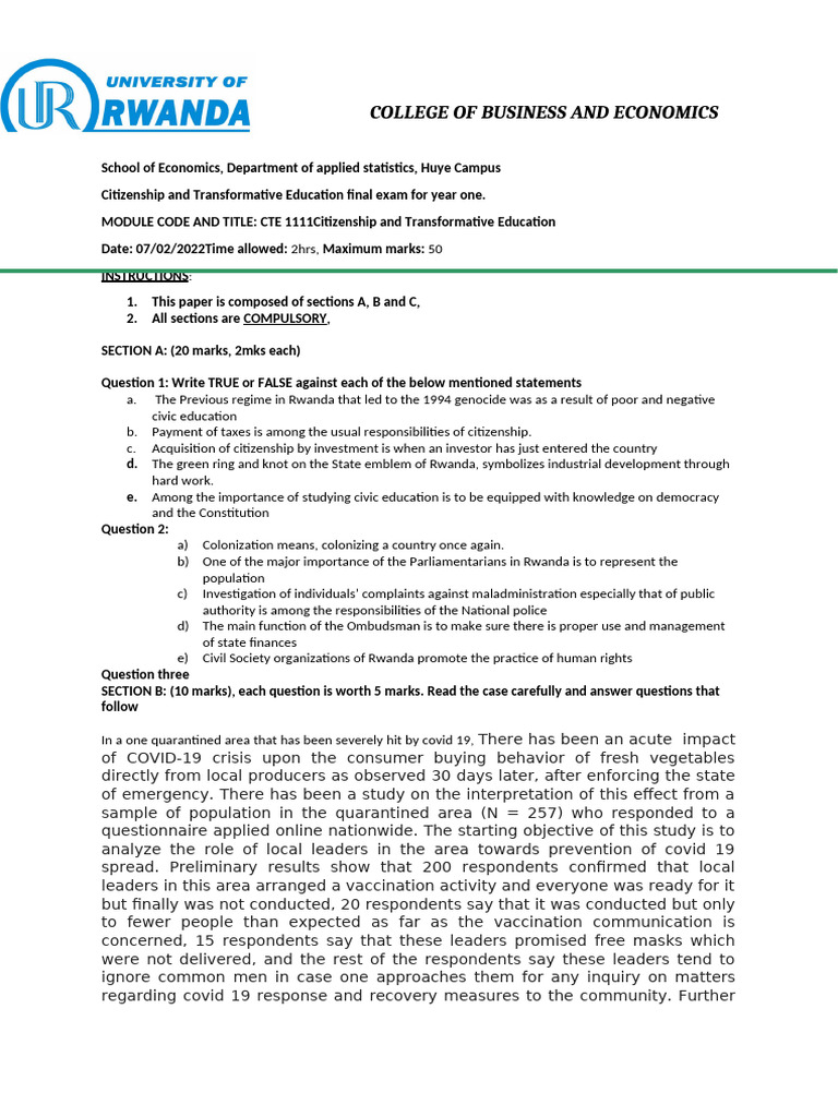 Citizen Exam For Applied Statistics, Huye | PDF