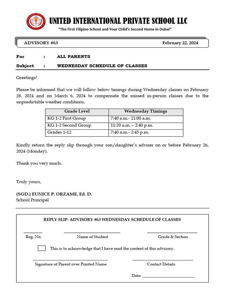 Advisory# 63 - Wednesday Schedule of Classes | PDF