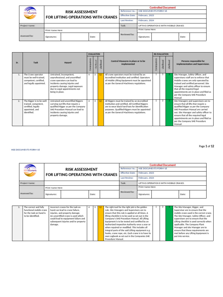Risk Assessment For Lifting Operation With Crane | PDF | Crane (Machine) | Risk