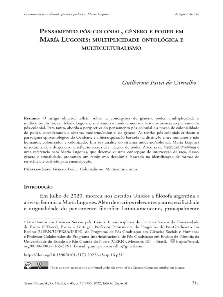 Maria Lugones Pós Colonial | PDF | Gênero | Estudos de Gênero