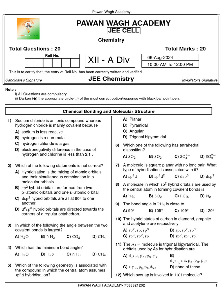 Chemical Bonding and Molecular Structure DPP-3 | PDF | Chemical Bond ...