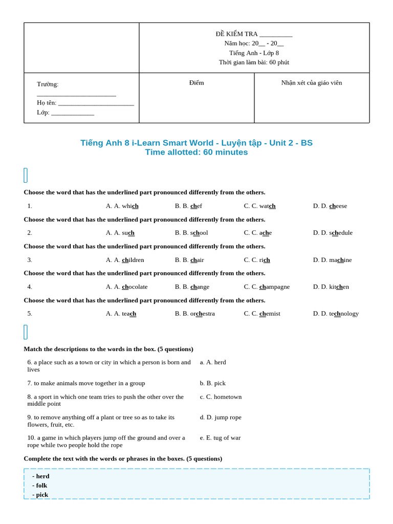 Tiếng Anh 8 i-Learn Smart World - Luyện tập - Unit 2 - BS - 1 | PDF