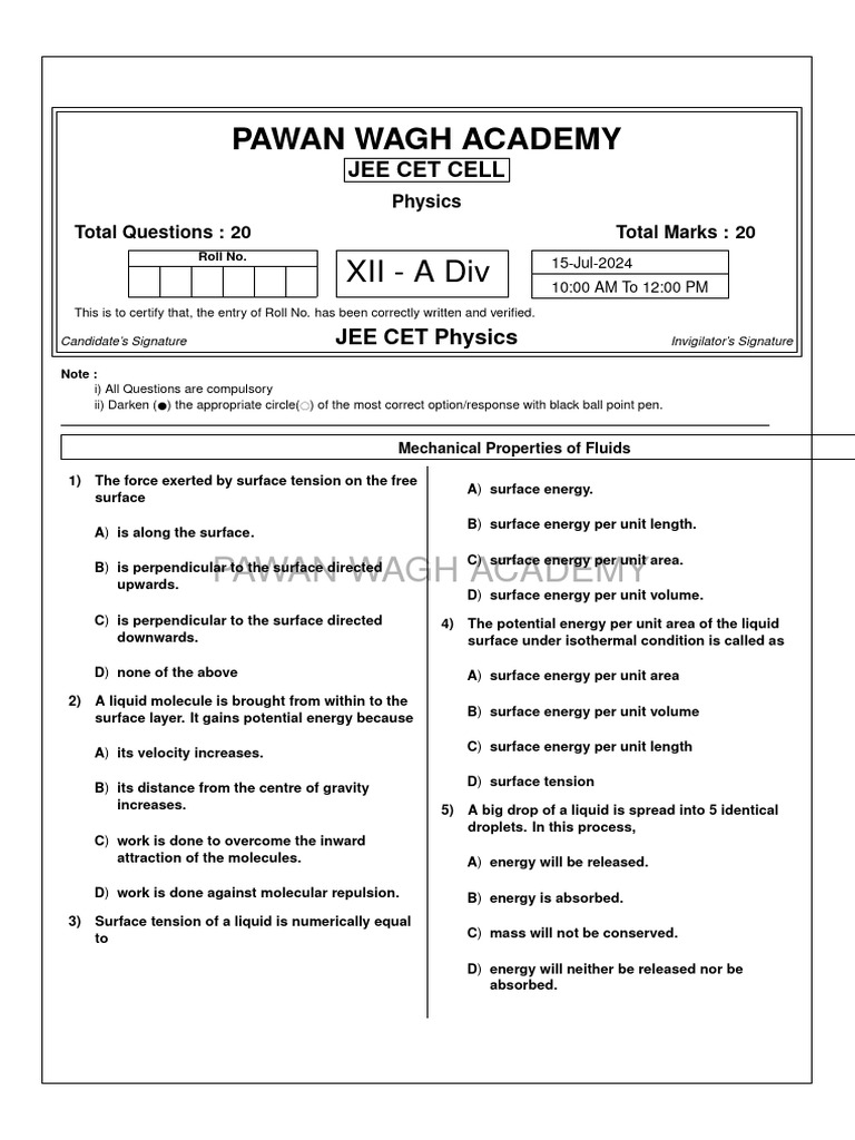 Mechanical Properties of Fluids DPP-3 | PDF | Surface Tension | Liquids