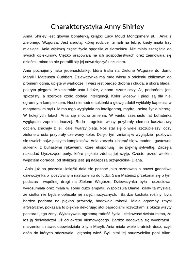 Charakterystyka Anny Shirley | PDF