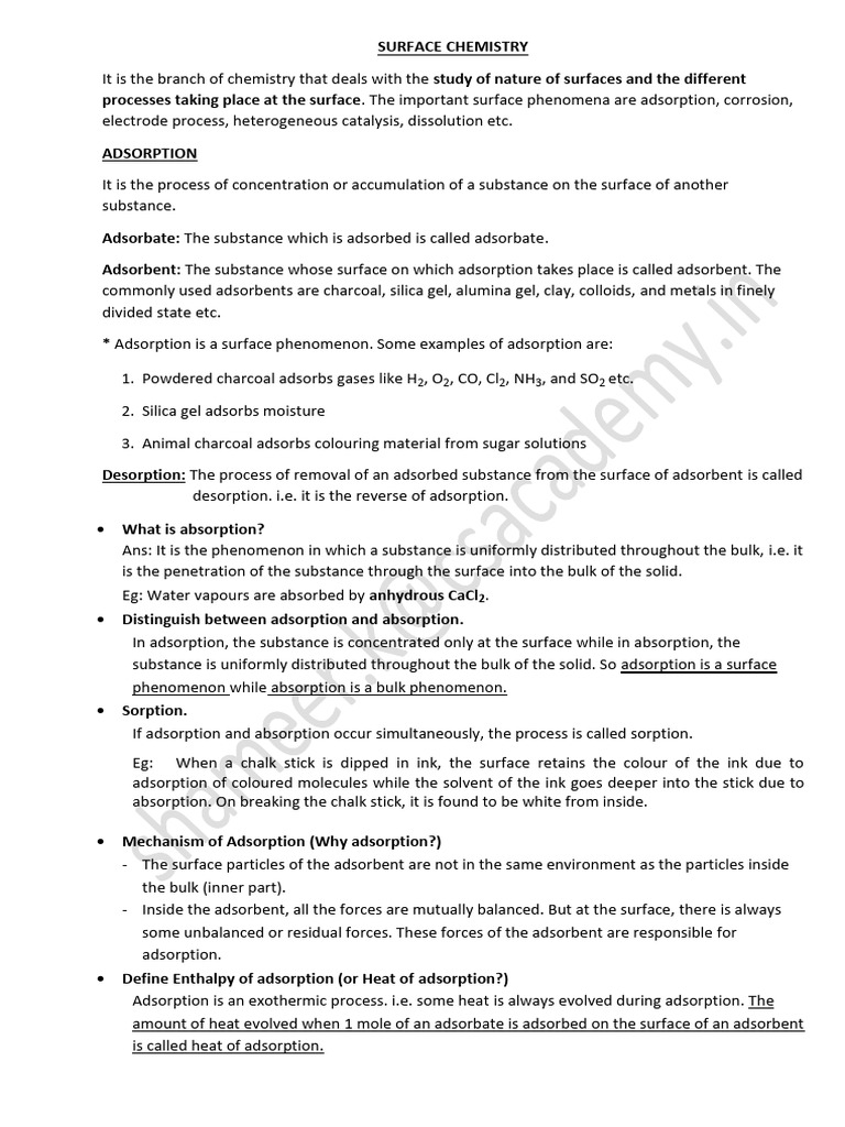 Surface Chem Notes | PDF | Adsorption | Colloid