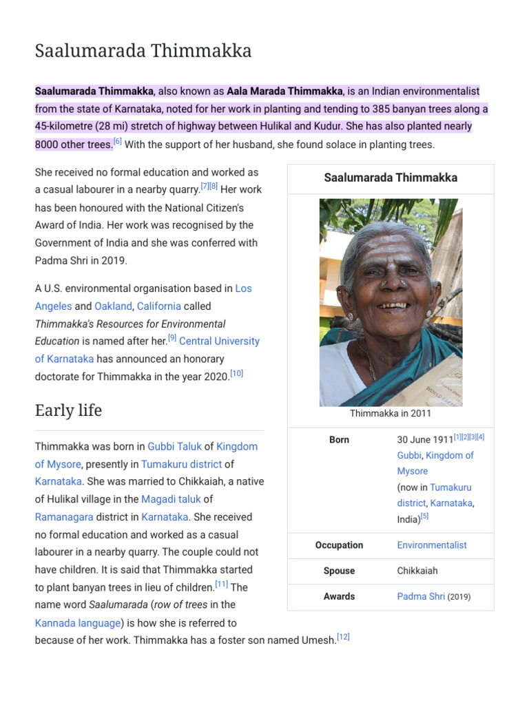 Saalumarada Thimmakka: Environmentalist Profile | PDF