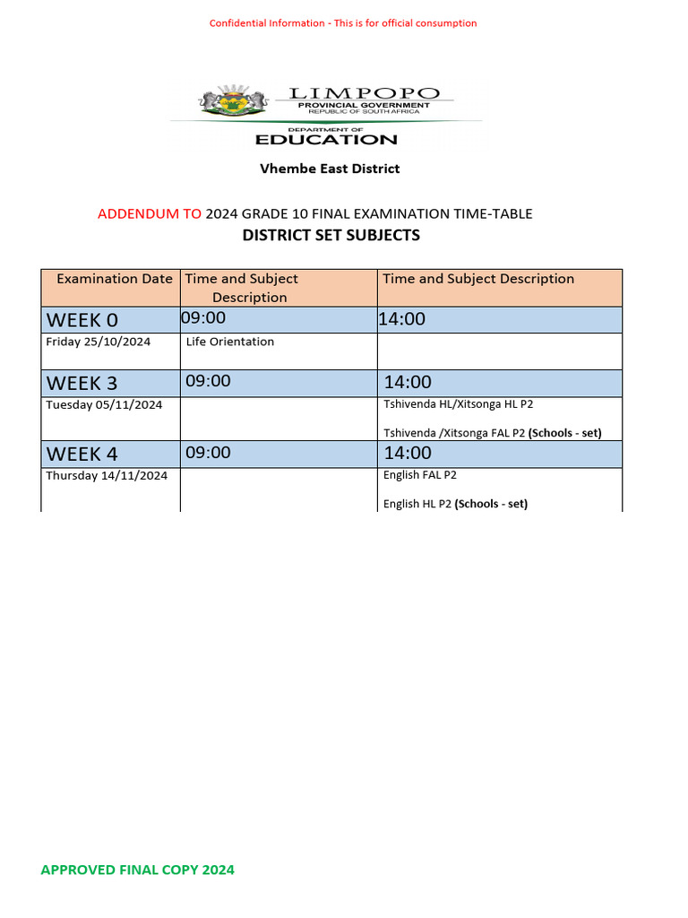 Addendum Examination Fet Grade 10 and 11 Timetable 2024 October November 2024 | PDF