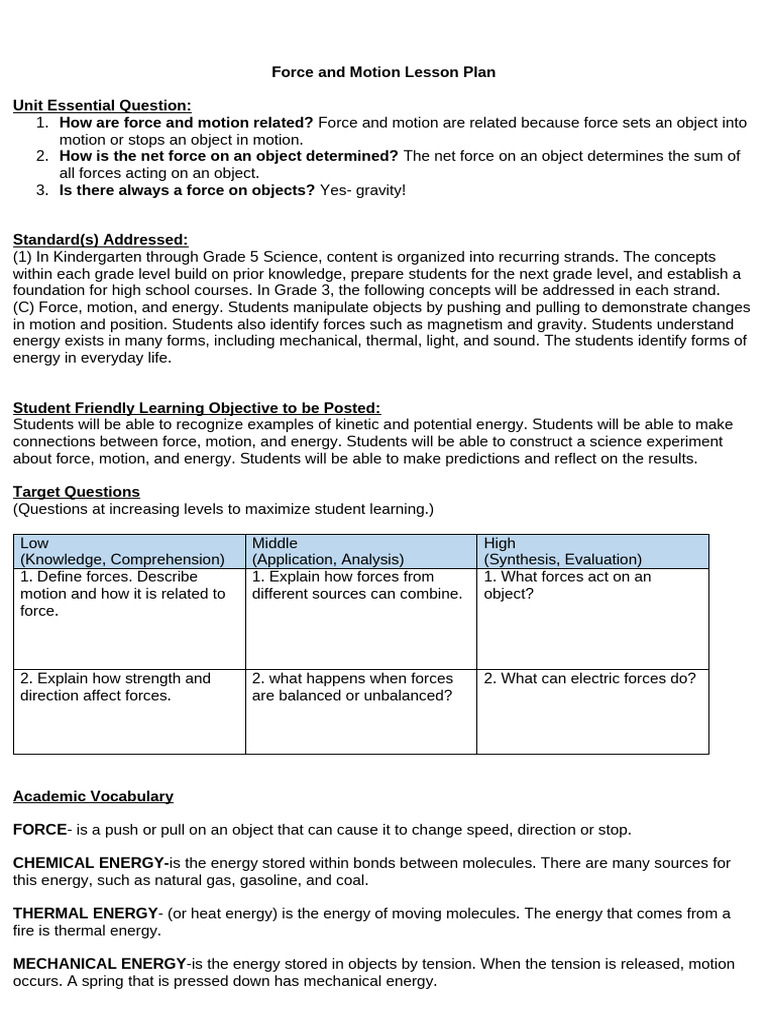 Force and Motion Lesson Plan | PDF | Force | Kinetic Energy
