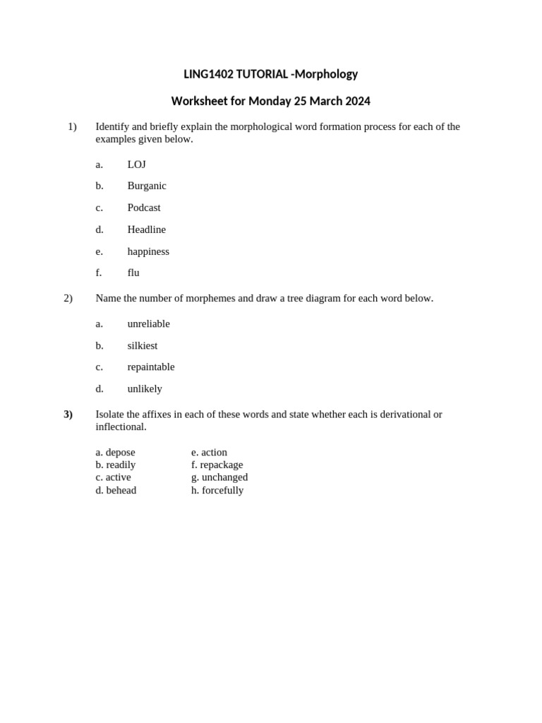 Morphology Worksheet: Word Formation & Analysis | PDF | Foreign Language Studies | Teaching ...
