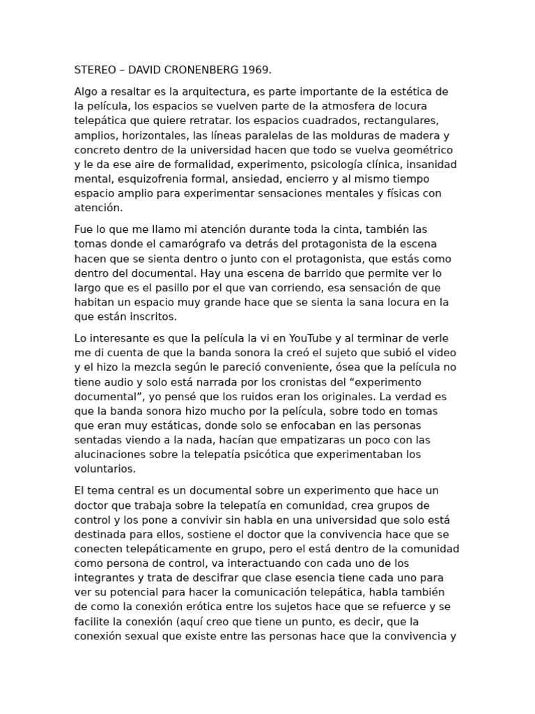 Stereo - Cronenberg 1969 | PDF | Experimentar | Telepatía