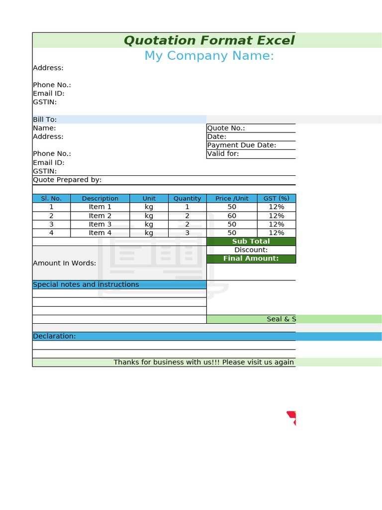Excel Quotation Template Format | PDF | Finance & Money Management