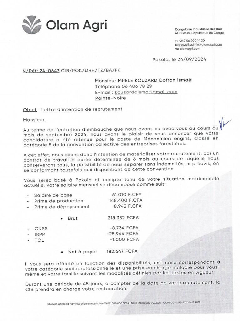Lettre D'intention de Recrutement M. MPELE Ismaël | PDF