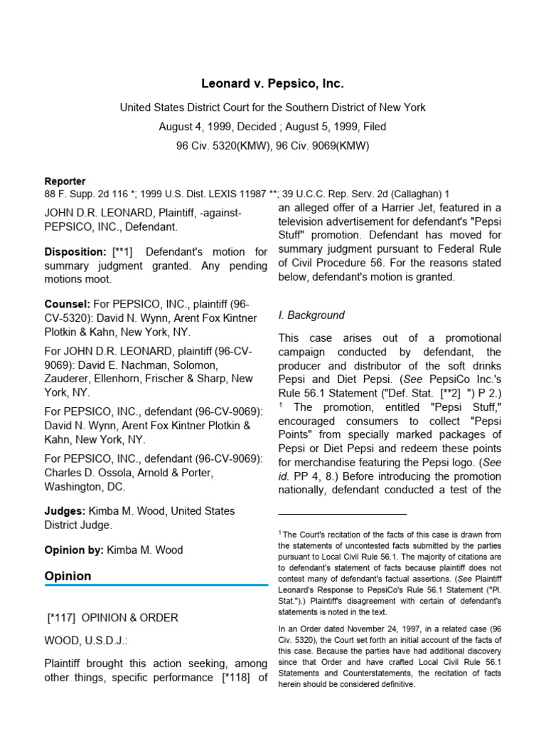 Leonard v. Pepsico - Inc. - 88 F. Supp. 2d 116 | PDF | Lawsuit ...