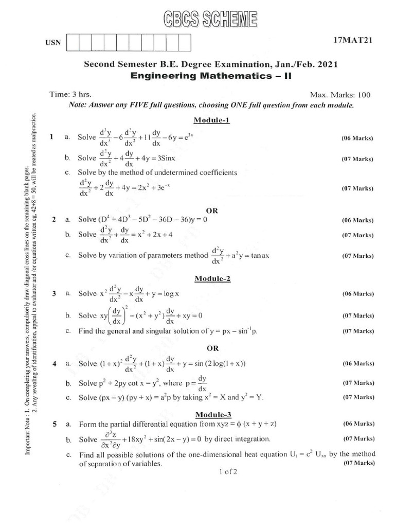 Be 2 Sem Engineering Mathematics 2 17mat21 Feb 2021 | PDF