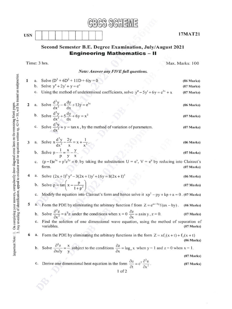 Be 2 Sem Engineering Mathematics 2 17mat21 Aug 2021 | PDF