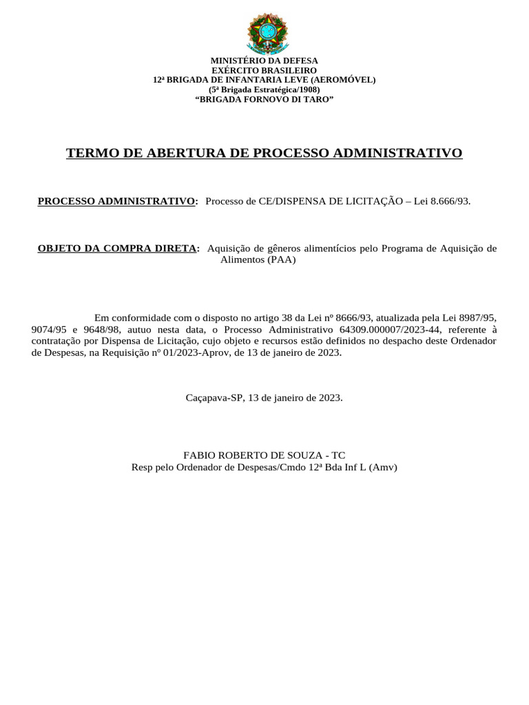 02 - Termo de Abertura de Processo PAA 2023 | PDF