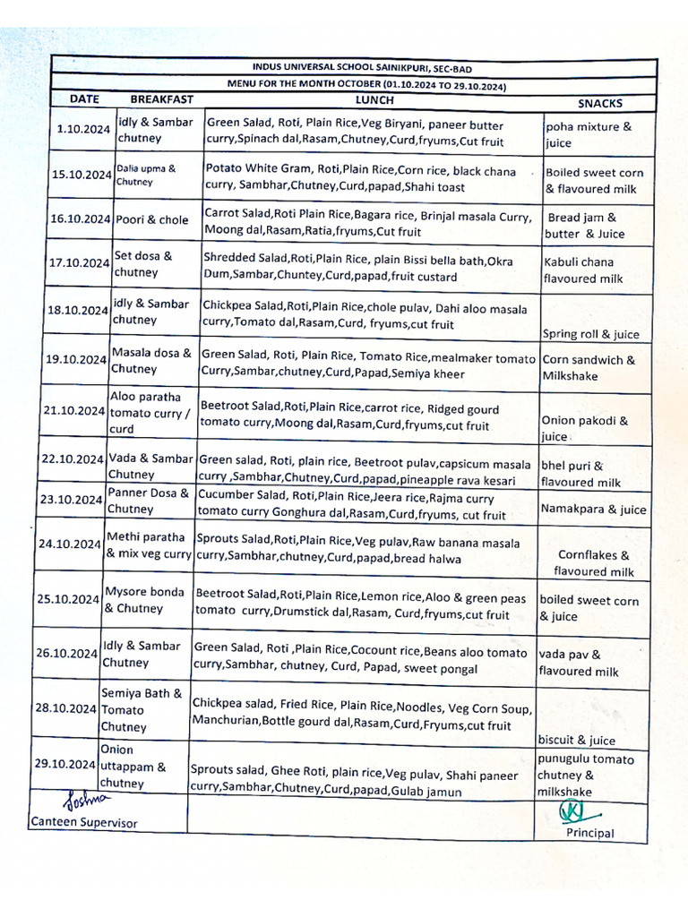 Food Menu For The Month of October 2024 | PDF