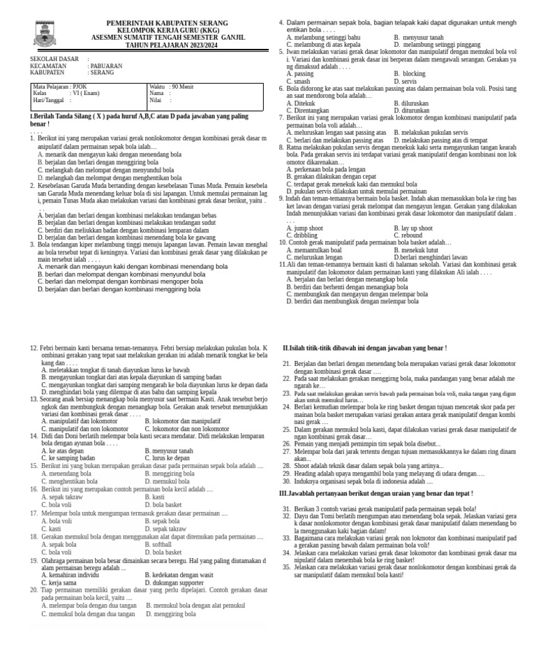 Soal PTS Pjok Kelas 6 Semester 1 | PDF