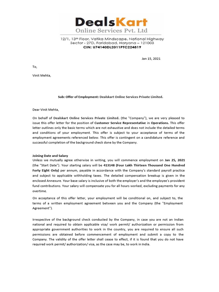 Vinit Mehta Experience Letter | PDF | Salary | Employment