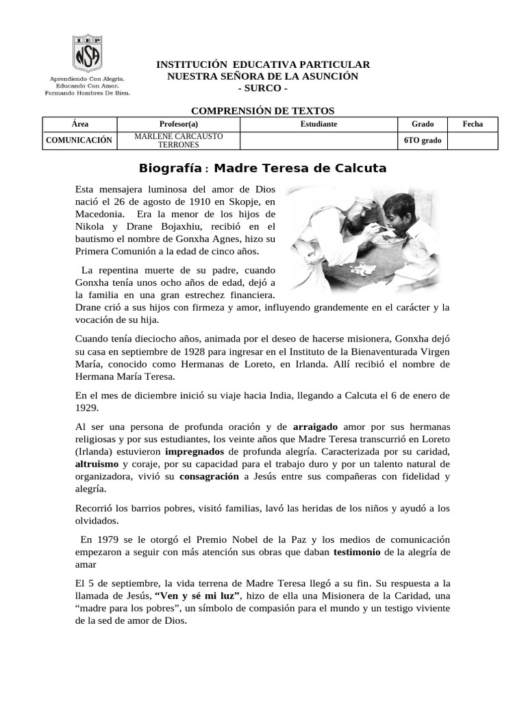 Biografía de Madre Teresa de Calcuta | PDF | Madre Teresa