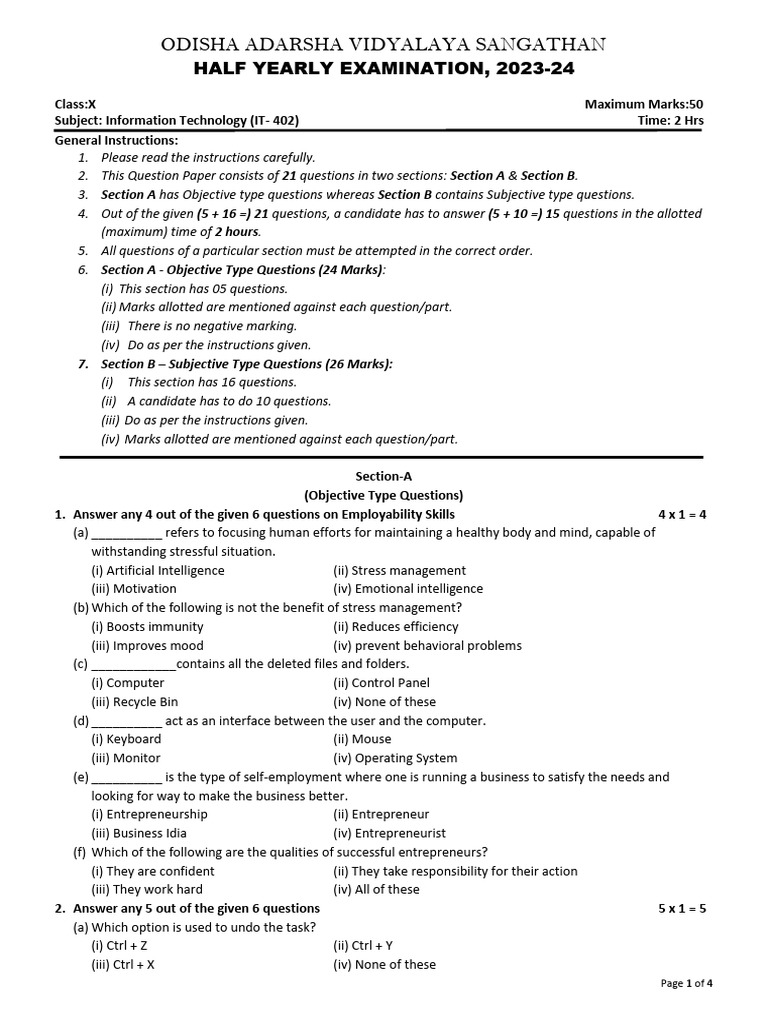 Odisha Adarsha Vidyalaya Sangathan: Half Yearly Examination, 2023-24 | PDF | Sql | Relational ...