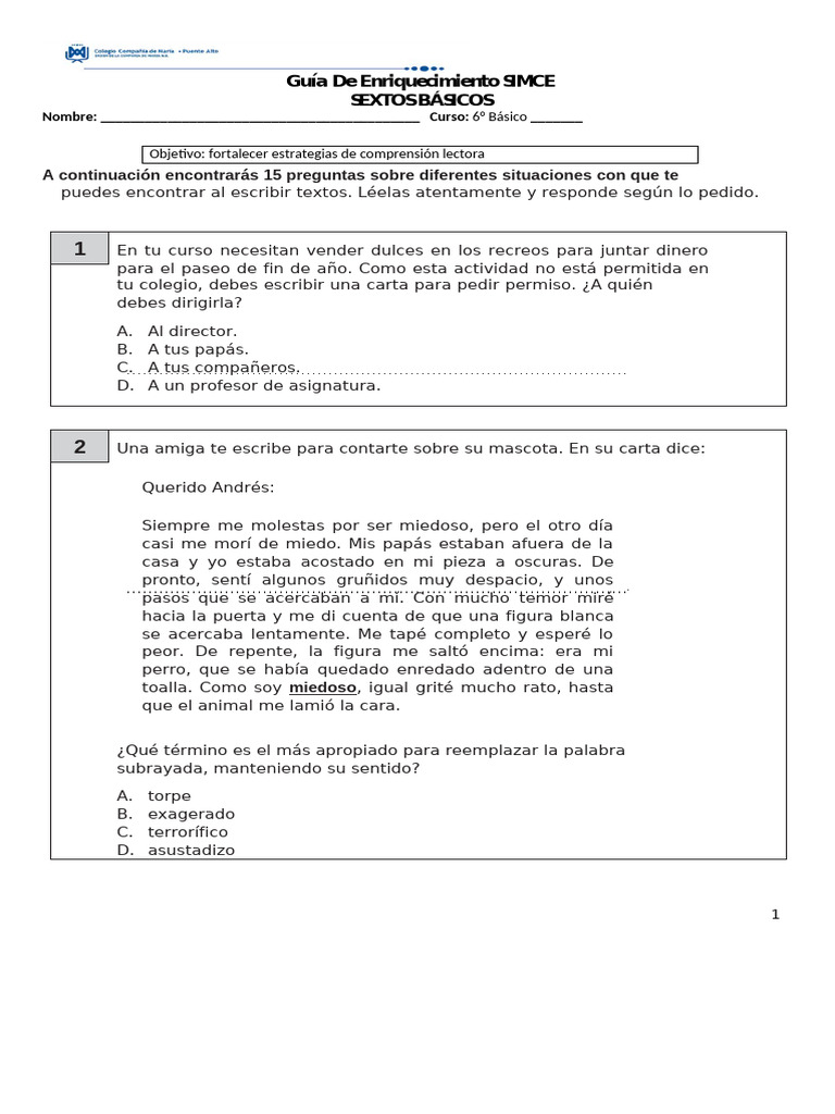 Guia 3 y 4 Simce Sexto Con Escritura | PDF