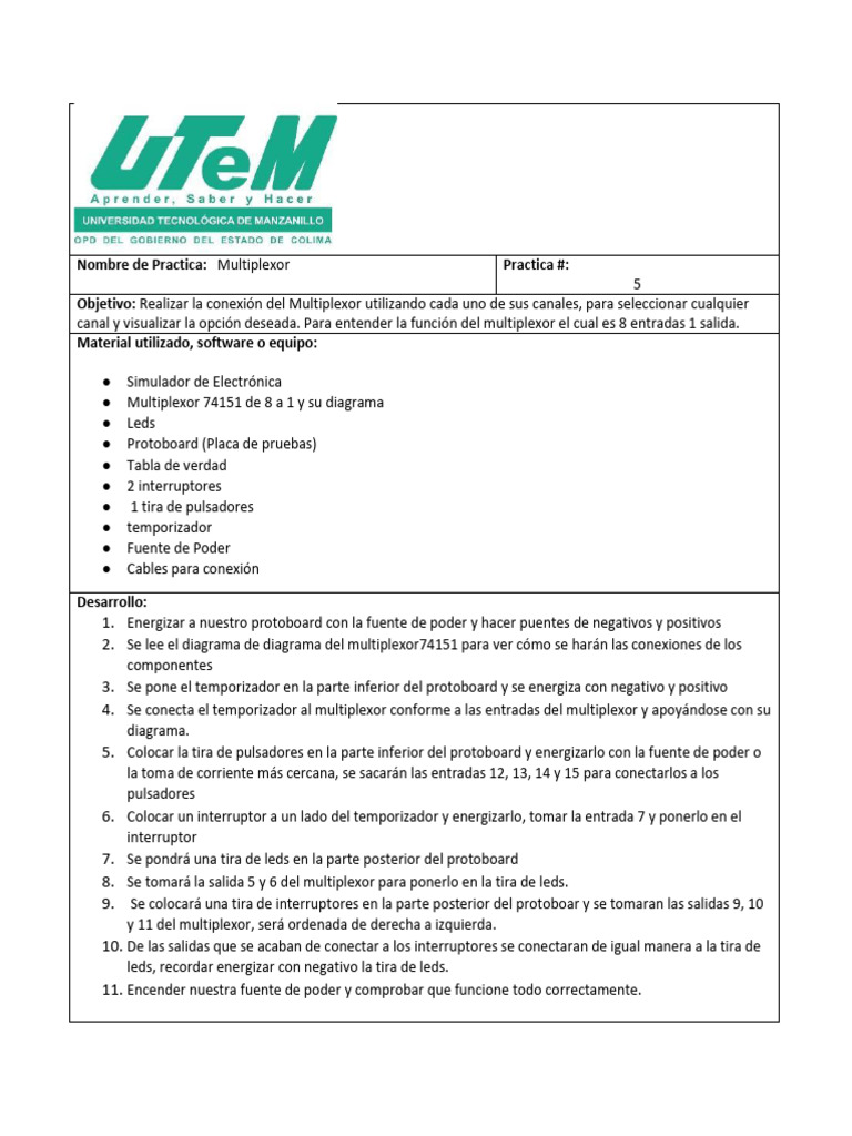 Práctica de Multiplexor 74151 | PDF | Diodo emisor de luz | Electrónica