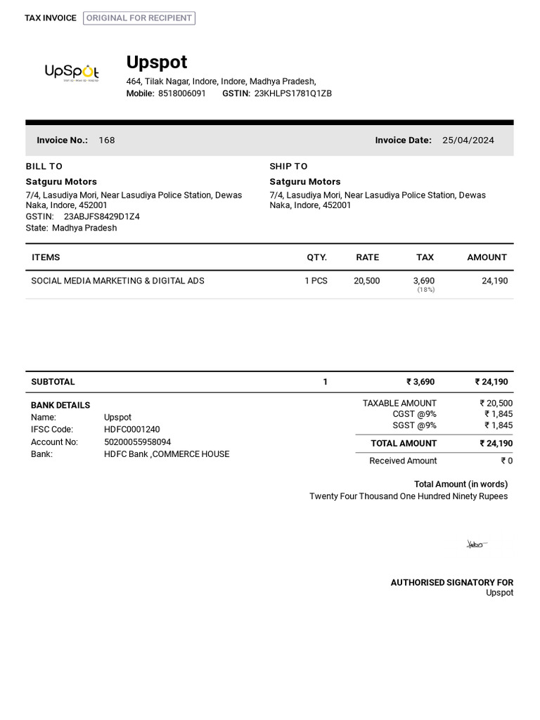 Satguru Motors Sales Invoice 168 | PDF