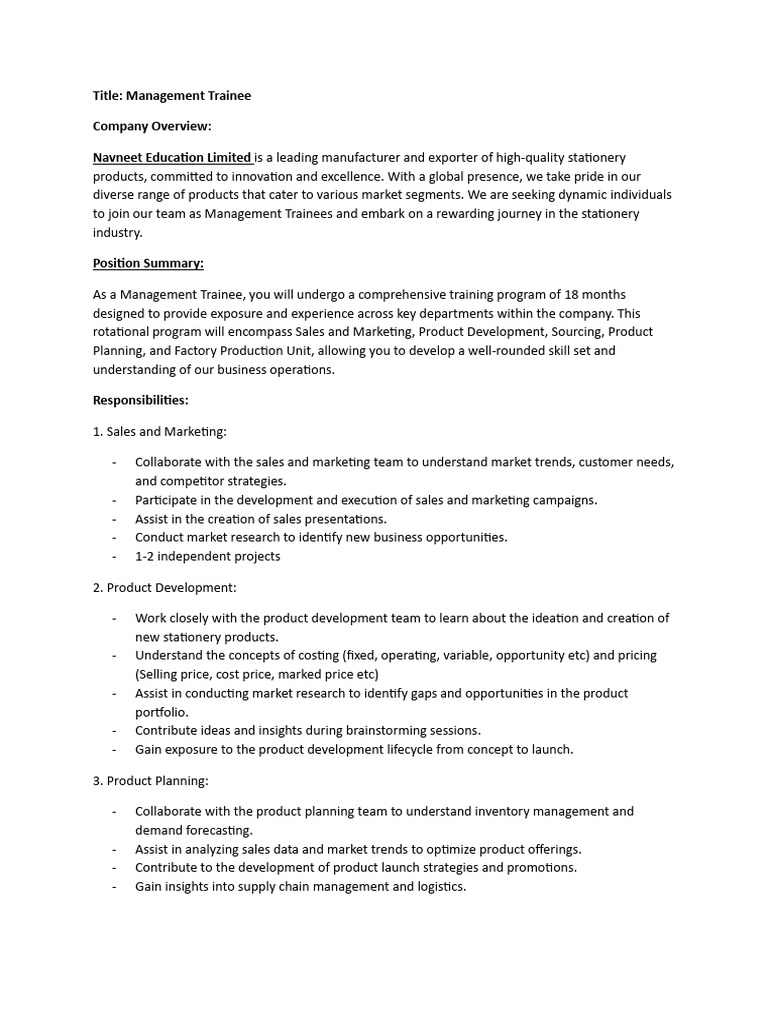 Navneet_JD - Management Trainee | PDF | Marketing | Sales