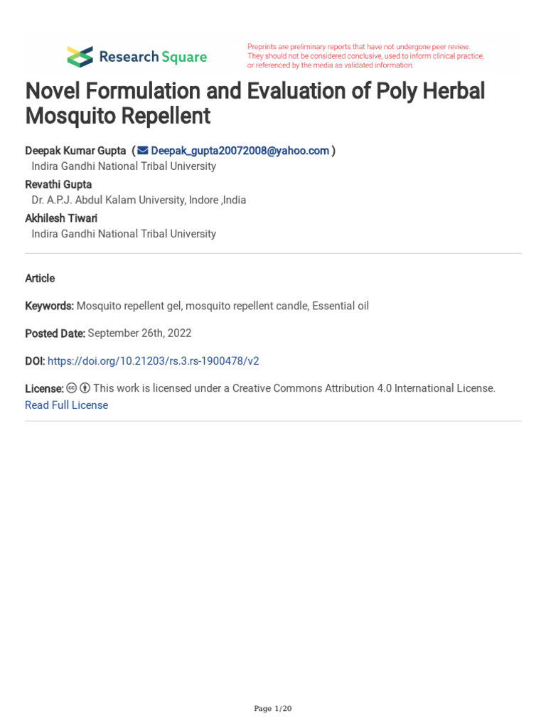 Novel Formulation and Evaluation of Poly Herbal Mosquito Repellent ...