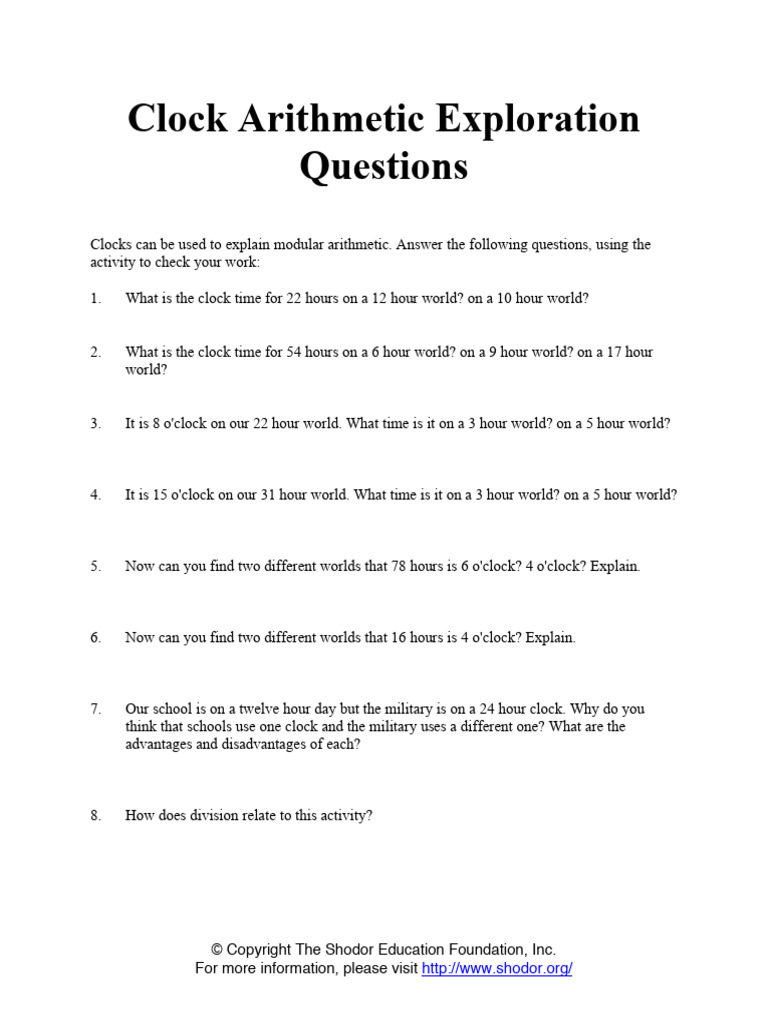 Clock Arithmetic Exploration Questions | PDF
