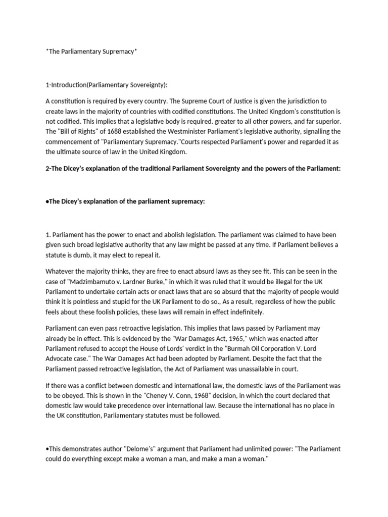 The Parliamentary Supremacy | PDF | Parliament Of The United Kingdom ...