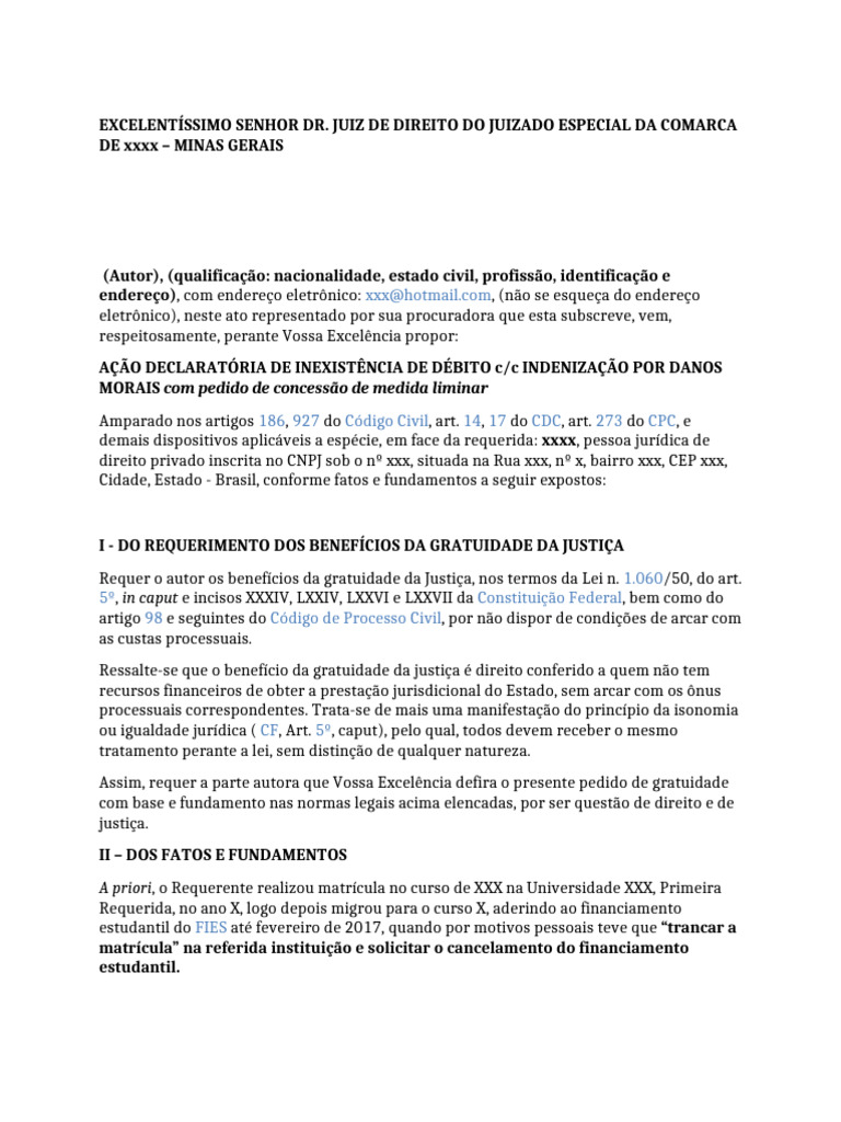 Acao Declaratoria de Inexistencia de Debito C C Reparacao de Danos Com ...