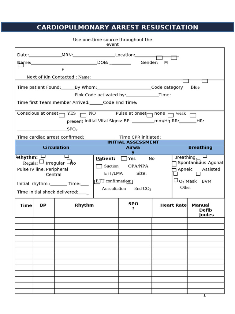 CPR Documentation Form | PDF | Cardiopulmonary Resuscitation | Cardiac ...