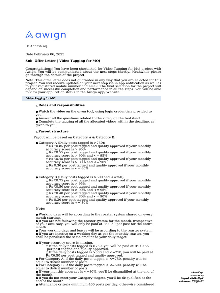 Video Tagging For Moj Offer Letter | PDF | Computing | System Software