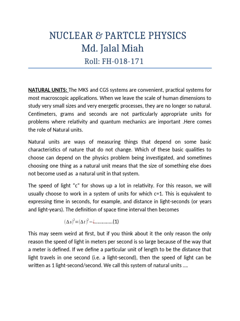 Natural Units in Particle Physics | PDF | Electronvolt | Applied And Interdisciplinary Physics