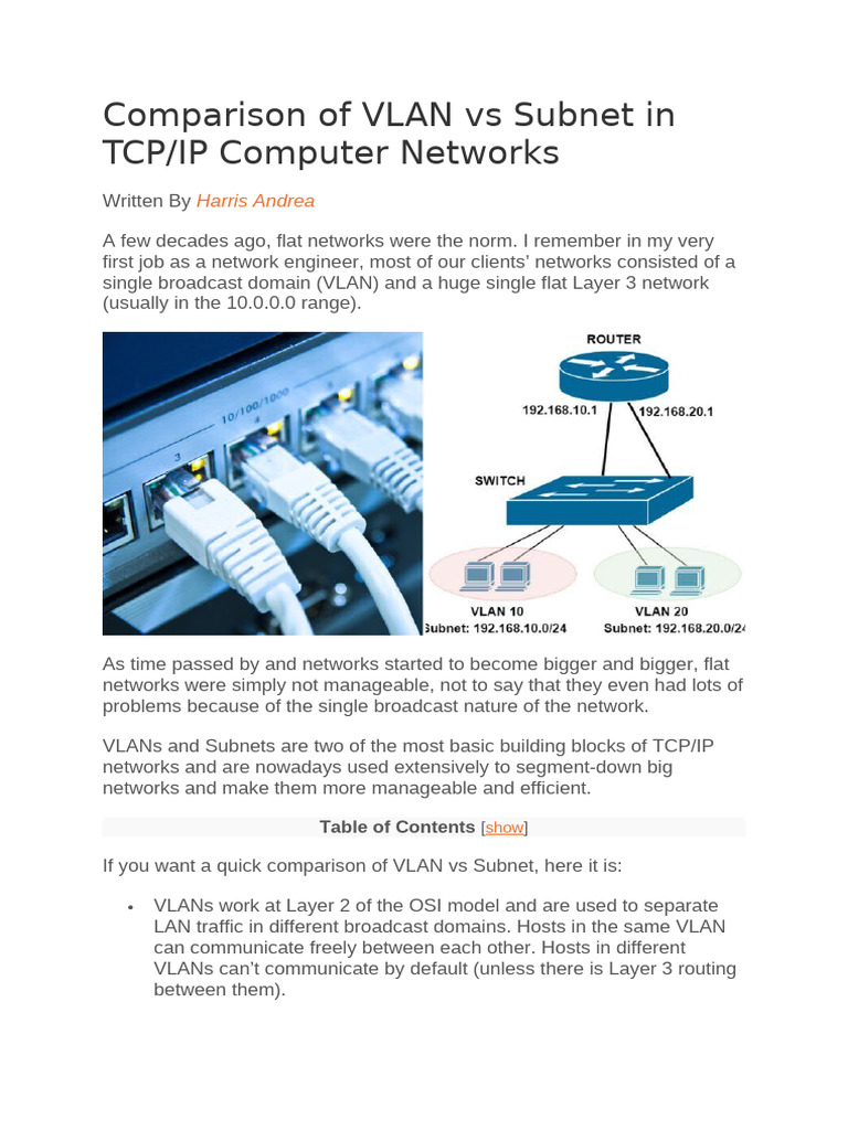 Comparison of VLAN Vs Subnet in TCP | PDF | Computer Network | Network Switch