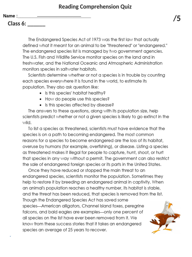 Gr.6 Reading Comp Quiz 1 | PDF | Endangered Species | Endangered ...