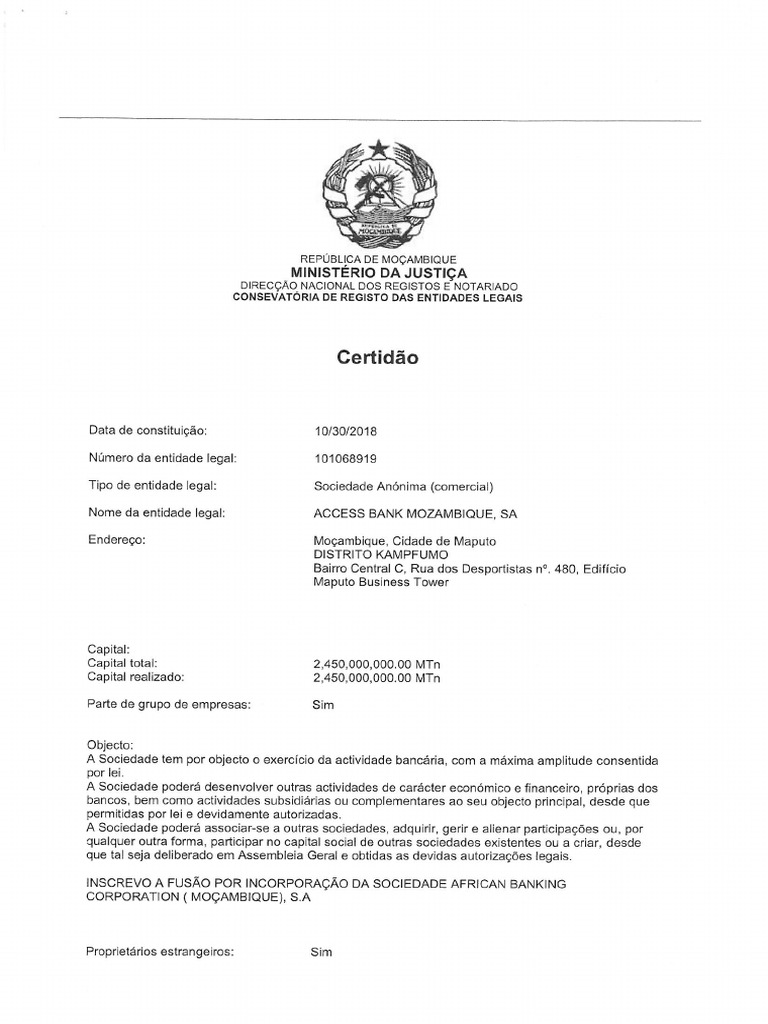 Certidão Comercial Do Access Bank | PDF