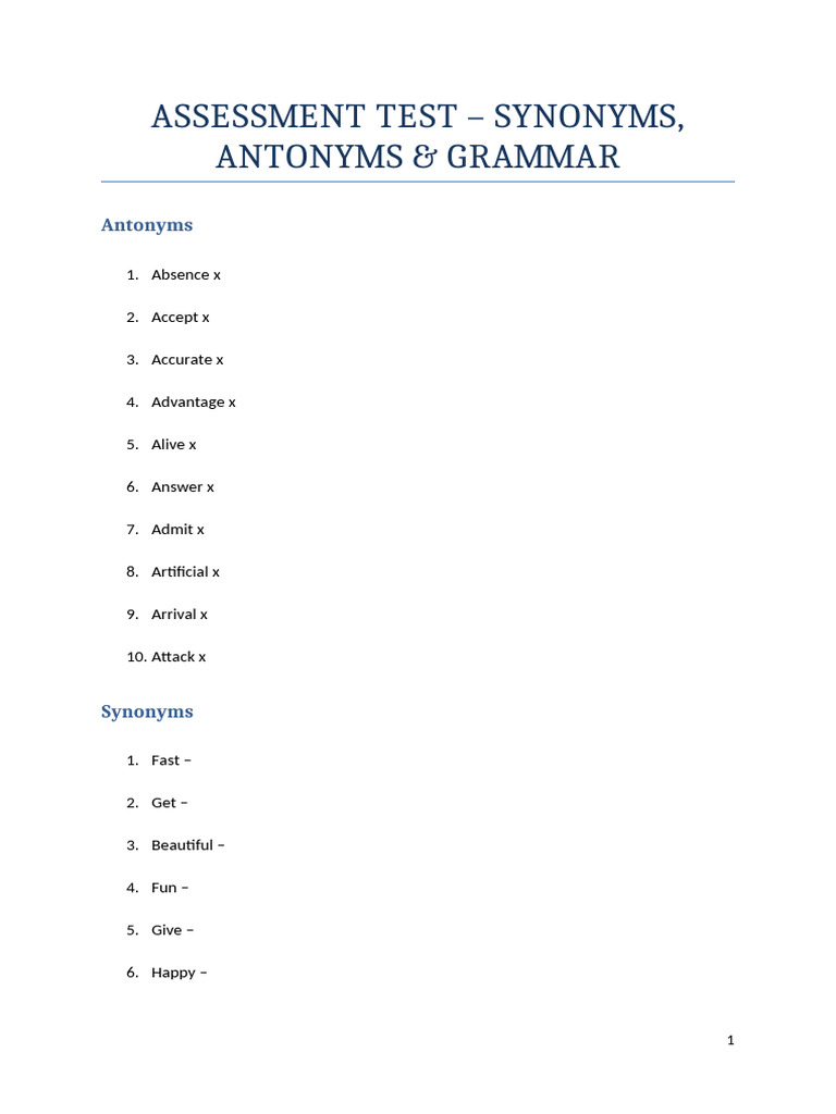 Assessment Test Synonyms & Antonyms | PDF | Language Arts & Discipline
