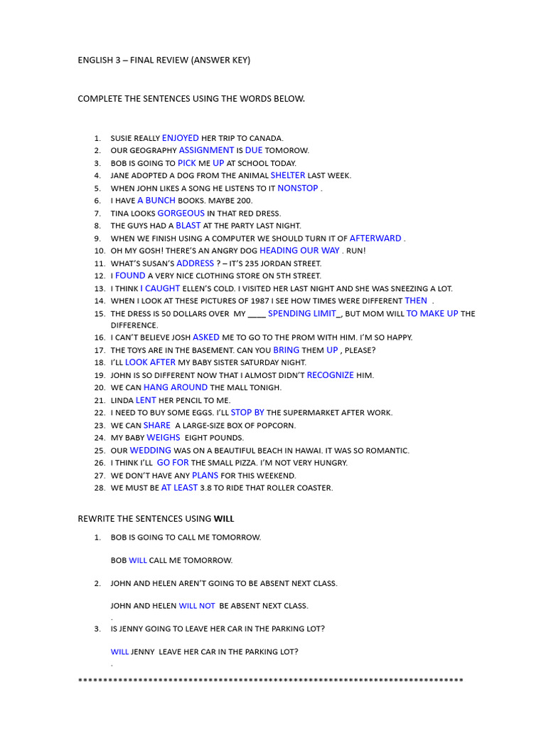 English 3 - Final Review (Answer Key) | PDF | Verb | Grammar