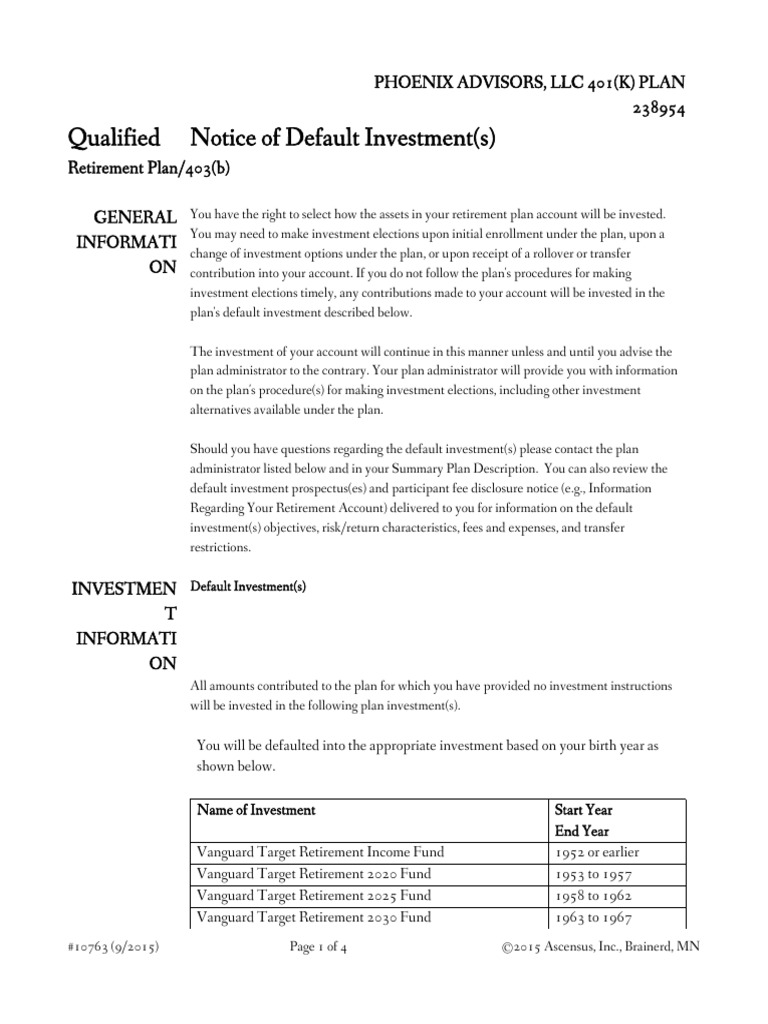 Notice of Default Investments (QDIA) - 2023 PDF | PDF | Investing | The ...
