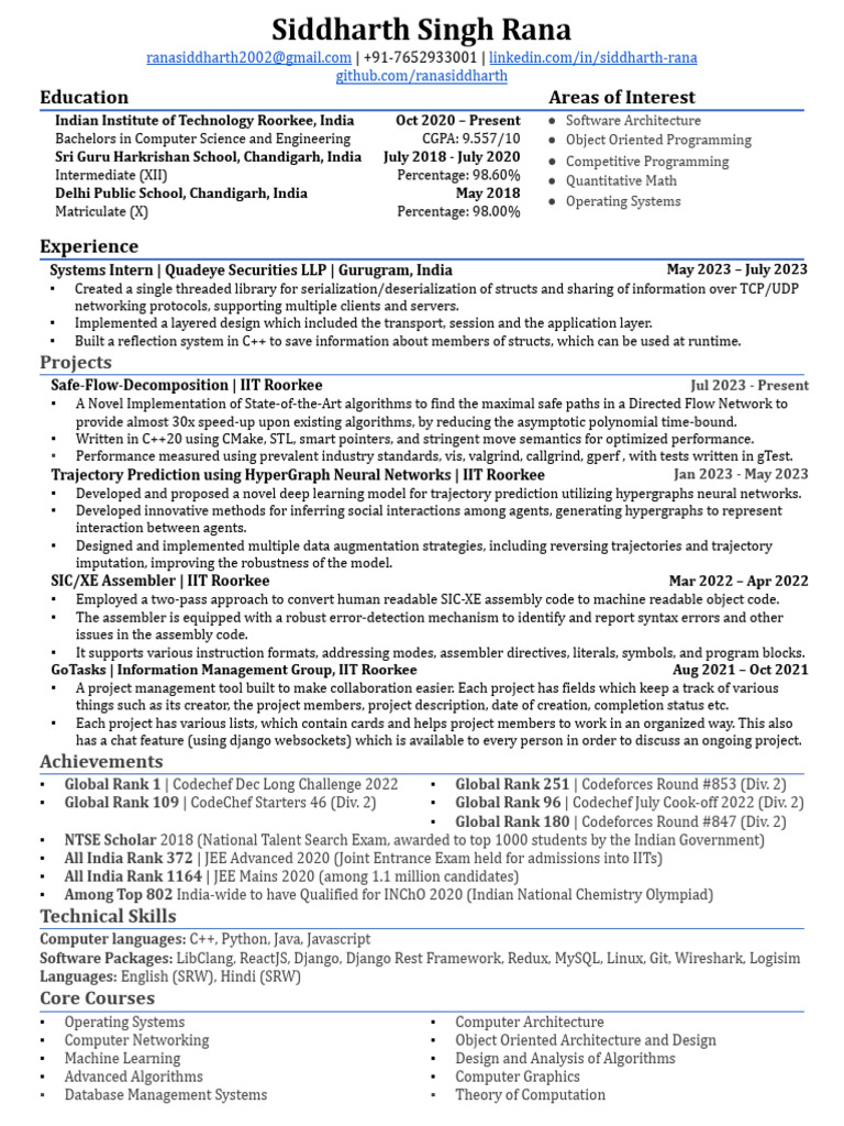 Siddharth Rana: IIT Roorkee CV | PDF | Assembly Language | Computer ...