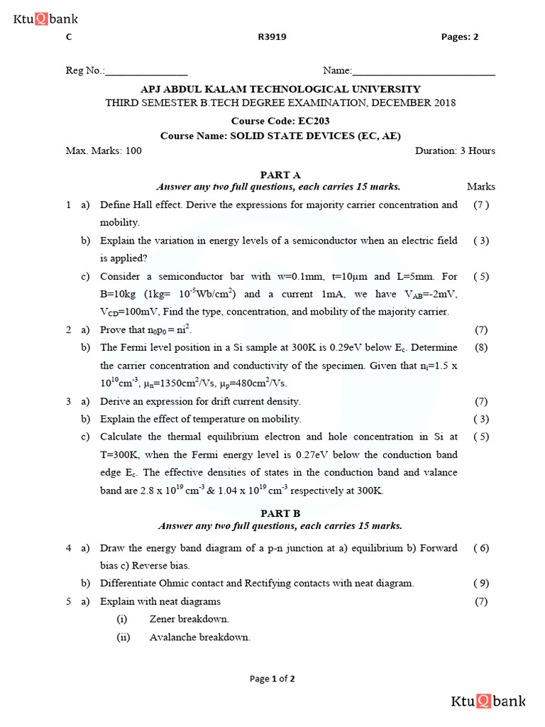 2018 Dec. EC203-E - Ktu Qbank | PDF | P–N Junction | Mosfet