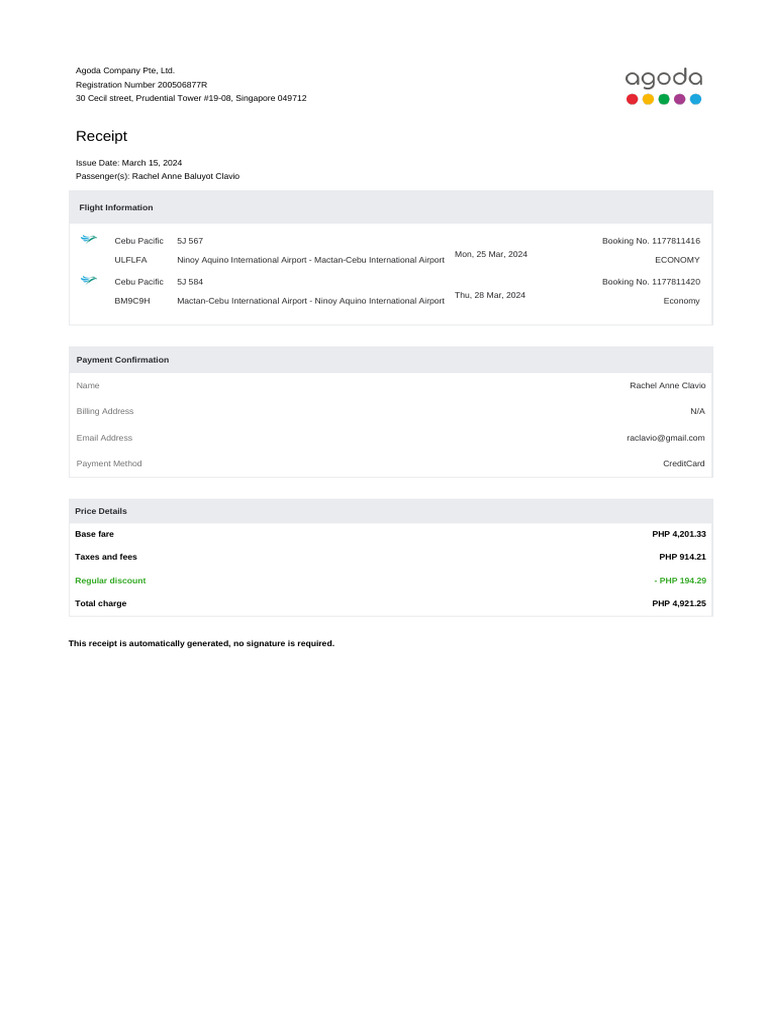 Agoda Booking ID 1177811416 1177811420 Receipt | PDF