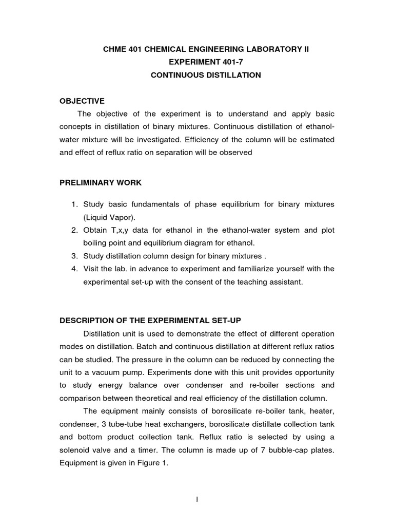 Chme 401 Chemical Engineering Laboratory | PDF | Distillation | Separation Processes