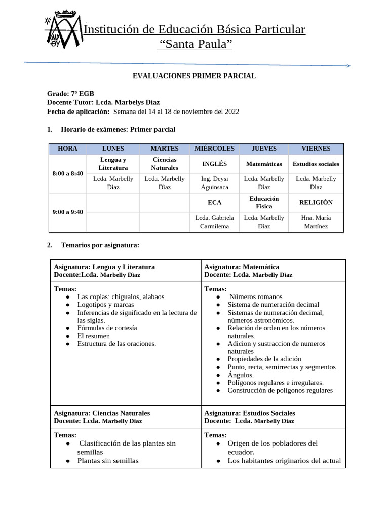Horario - Temarios Primer Parcial | PDF
