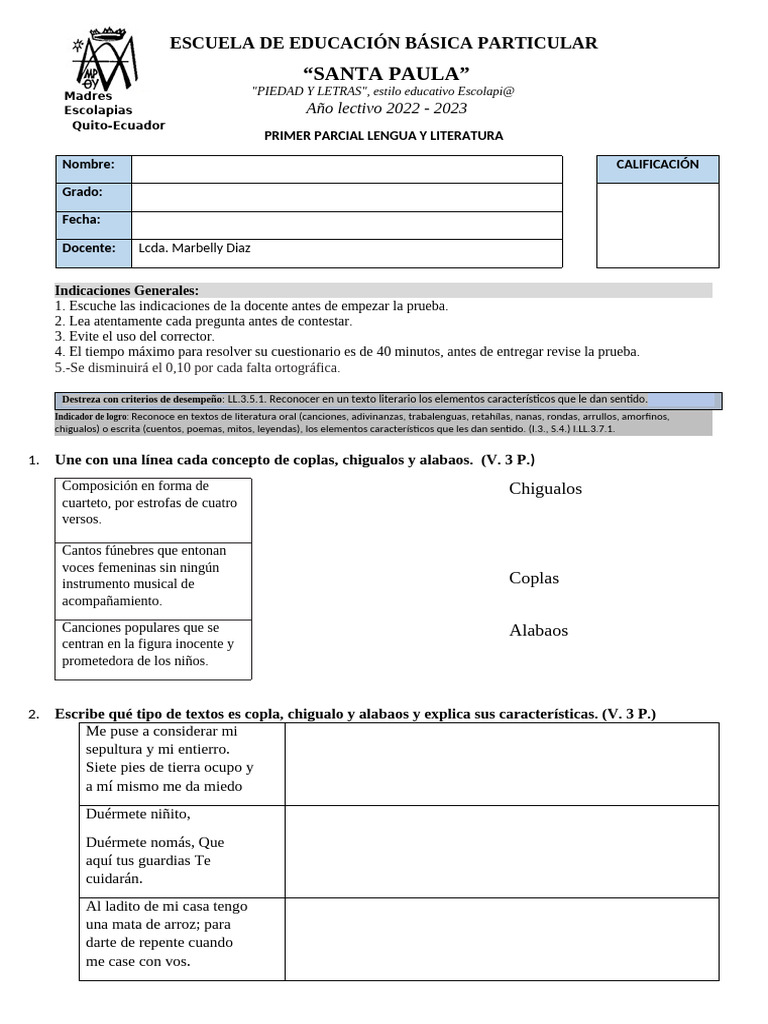 7mo Lengua y Literatura Primer Parcial | PDF | Predicado (Gramática) | Asunto (gramática)